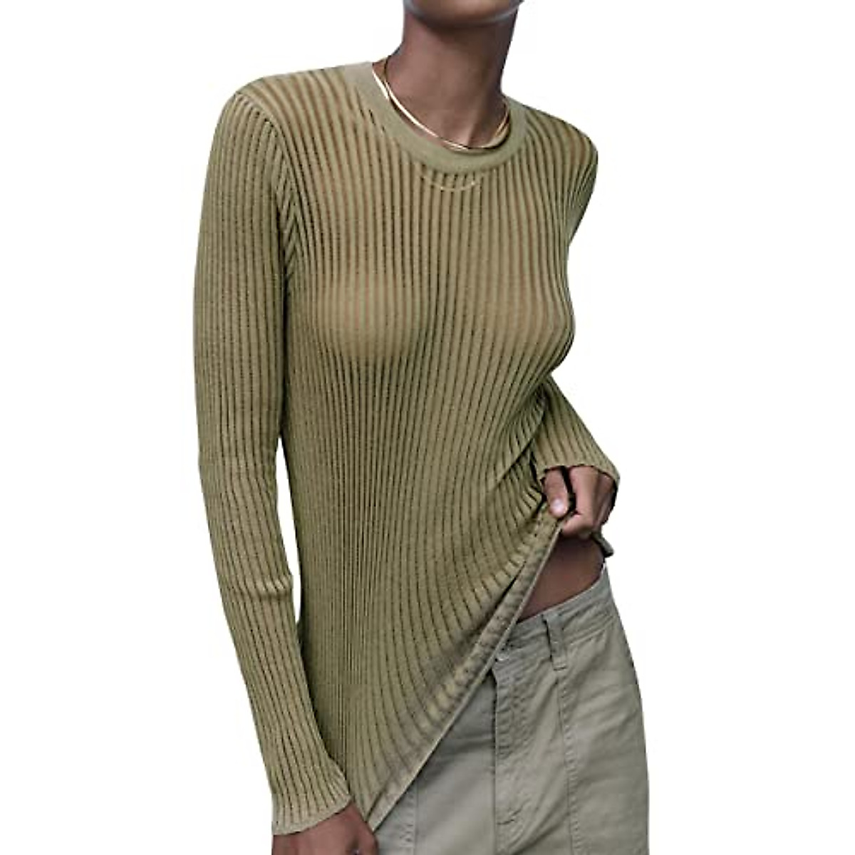 SAFRISIOR Women Sexy See Through Long Sleeve T-Shirts Mesh Sheer Skinny Rib Scalloped Trim Tees Blouse Top Outfits Khaki
