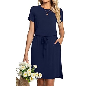 Anydoll Women's Casual Tshirt Dress Summer Work Knee Length Dresses with Pocket Navy Blue X-Large