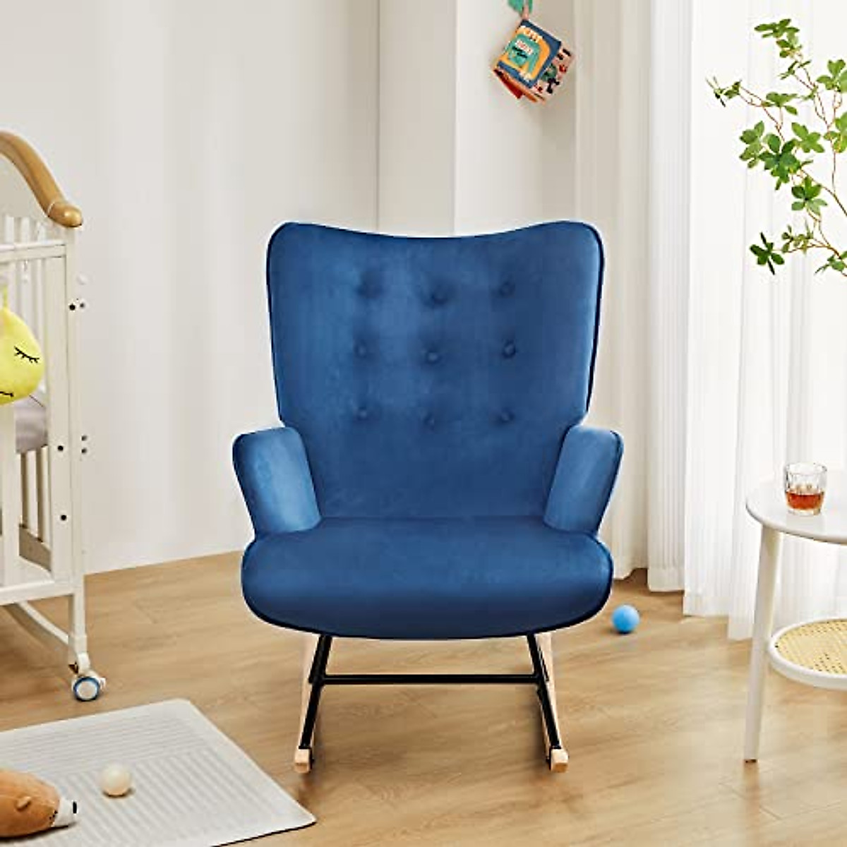 IDEALISMLIVING Rocking Chair, Nursery Glider Rocker Chair with Linen Fabric, Boho Chair with Solid Wood, Nursery Rocking Armchair for Baby Room, Rocking Chair Nursery for Living Room Bedroom (Blue)