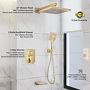 Gabrylly Shower System with Tub Spout, Wall Mounted Shower Faucet Set for Bathroom with High Pressure 10" Rain Shower head and 3-Setting Handheld Shower Head Set,Brushed Gold