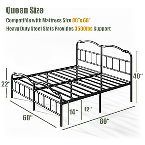 Cleaniago Queen Bed Frame with Headboard and Footboard, Vintage Style, Steel Slats, 14 Inch High and 3500 Pounds Weight Capacity, No Box Spring Needed Platform, Easy Assembly—Black