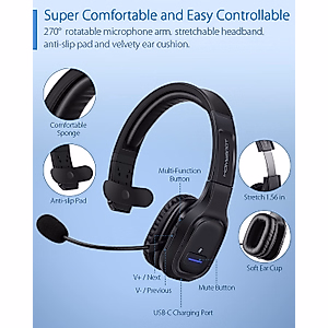 HomeSpot JM100 Trucker Bluetooth Headset with AI Noise Canceling, Wireless Headset with Rotatable Microphone and Big Mute Button, 34 Hrs Talk Time for Trucking, Home Office, Call Center
