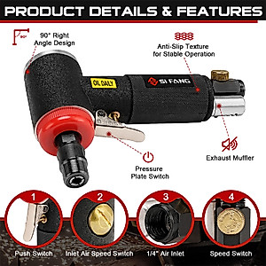 SI FANG 16Pcs Air Die Grinder Kit, Right Angle Die Grinder with 1/4" 1/8" Collets and 2" Quick Change Roll Lock Sanding Discs Accessories Set, 20,000RPM Pneumatic Air Grinding Tools Attachments Black