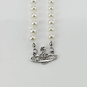 FENLDY Silver Faux Planet Saturn Pearl Necklace for Women Jewelry, Fake Pearl Collar Rhinestone Pendant a Y Necklace Men with Charm for Jewelry Ladies' Wedding Pearl Bead Chain Crystal Choker