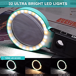 Dicfeos 30X 40X Magnifying Glass with Light and Stand, Non-Rechargeable, Folding Design 32 LED Illuminated Magnifying Glass for Close Work, Powered by Battery or USB(Green)