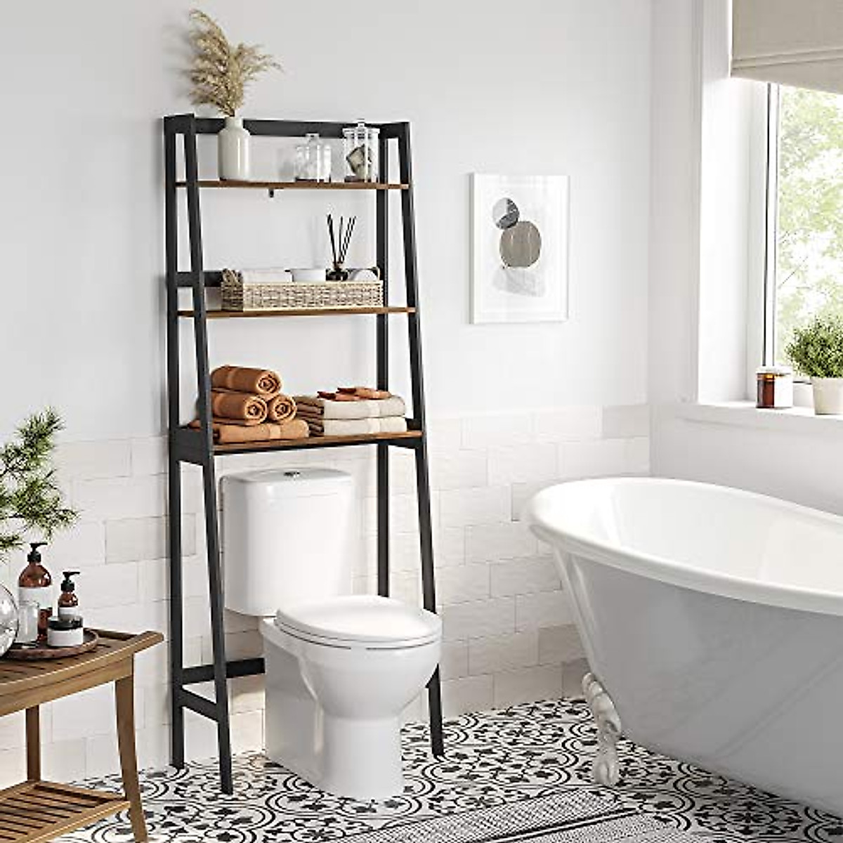 SONGMICS Over The Toilet Storage Organizer, 3-Tier Bathroom Space Saver, Multifunctional Toilet Storage Shelf, Bamboo Frame, Each Shelf Holds Up to 33 lb, Easy to Assemble, Rustic Brown, UBTS011B01