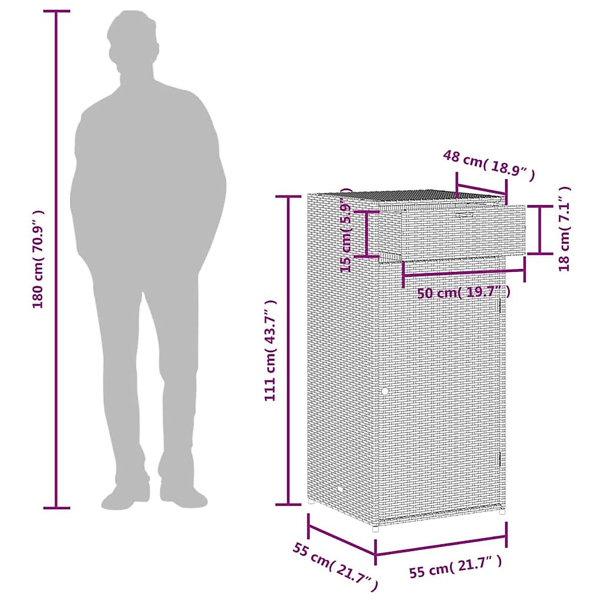 vidaXL Outdoor Patio Storage Cabinet - Brown Poly Rattan Organizer, Garden Tool Cupboard with Shelves, Waterproof, Powder-Coated Steel Frame - 21.7”x 21.7”x 43.7”