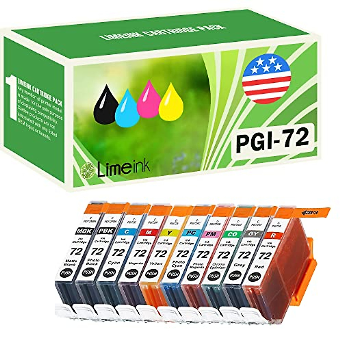 Limeink 10 Pack Compatible Ink Cartridges Replacements for PGI-72 High Yield for Pixma Pro 10 10s Pima pro10s pro10 Printer Cartridge (PBK, MBK, C, M, Y, PC, PM, R, GY, CO)