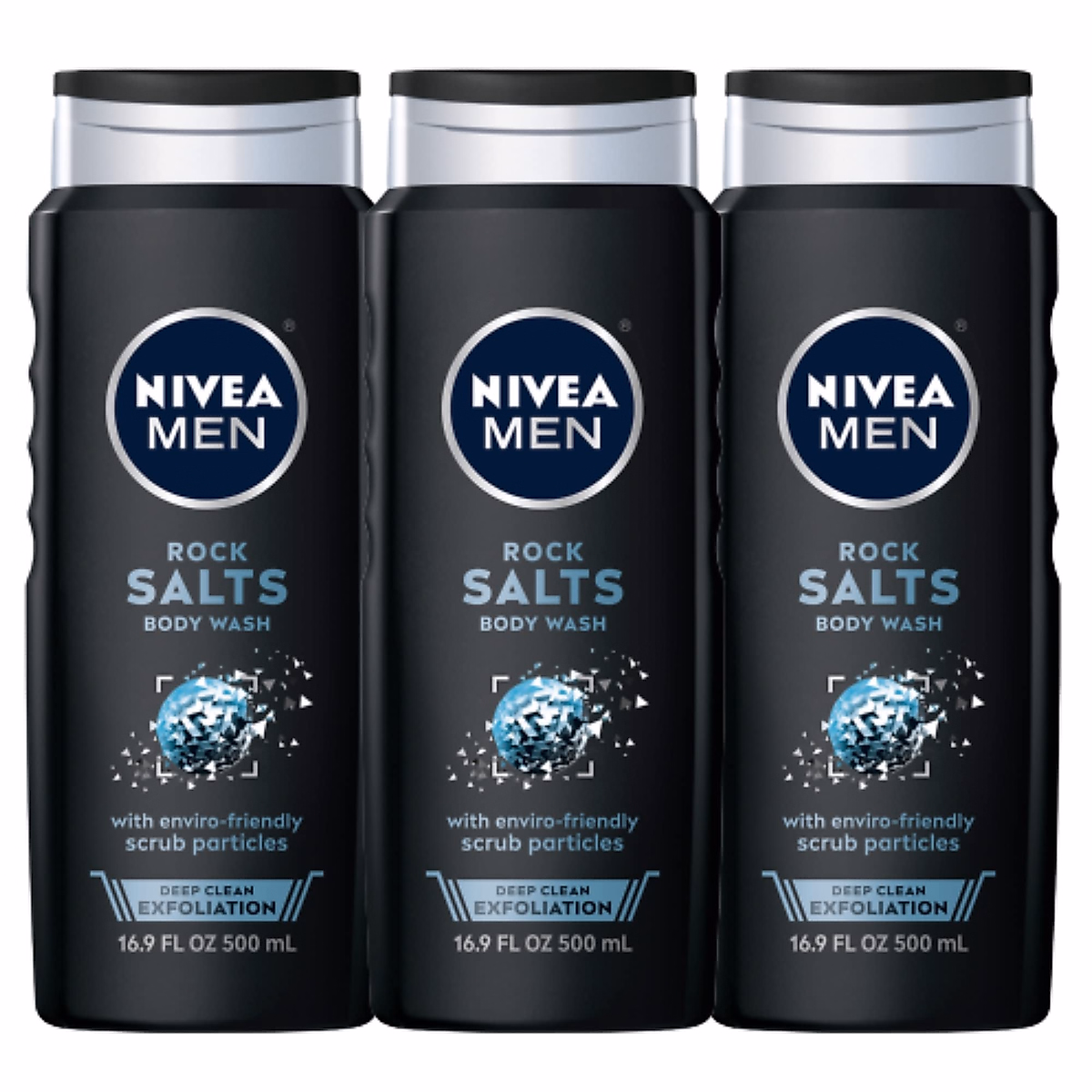 Nivea Men Deep Clean Rock Salts Body Wash with Scrub Particles and Natural Rock Salt, Exfoliating Body Wash for Men, Cleanses Without Drying Skin, 16.9 Fl Oz Bottle, Pack of 3