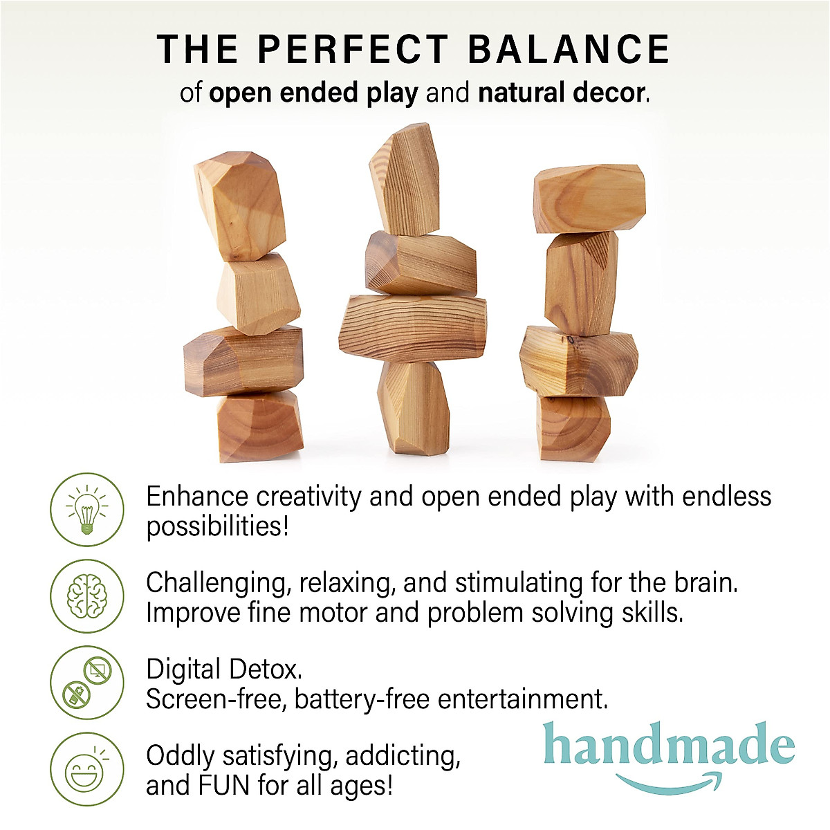 PERCHED Natural Pine Stacking Rocks, Large Wooden Blocks, Montessori Puzzle Game, Toddler Toys For Classroom, Wood Balancing Stones Set (12 Pc)