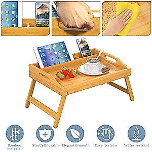 Bed Tray Table with Handles Folding Legs,Bamboo Breakfast Food Tray with Media Slot,Use As Platter,Laptop Desk,Snack,TV Tray Kitchen Serving Tray(Beige,Medium)