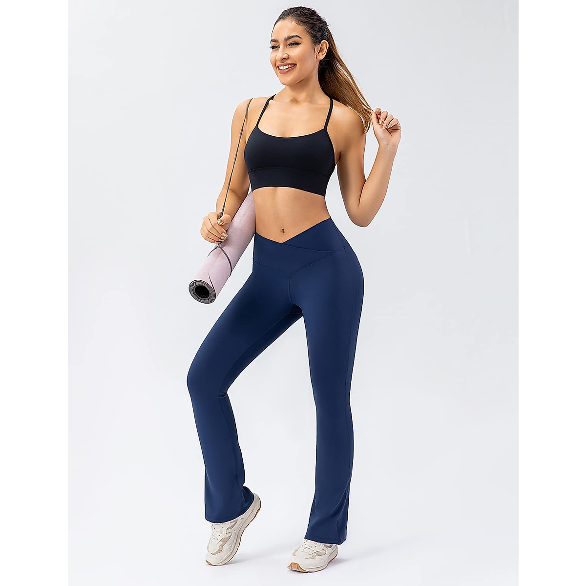 Ukaste Women's Casual Bootleg Yoga Pants Flare V Crossover Waisted Workout Leggings (Dark Blue, M)