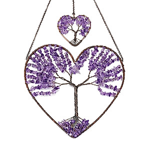 Jovivi Tree of Life Feng Shui Crystal Heart Hanging Ornament Amethyst Gemstones Healing Stones Yoga Meditation Window Wall Hanger for Home Wedding Decor
