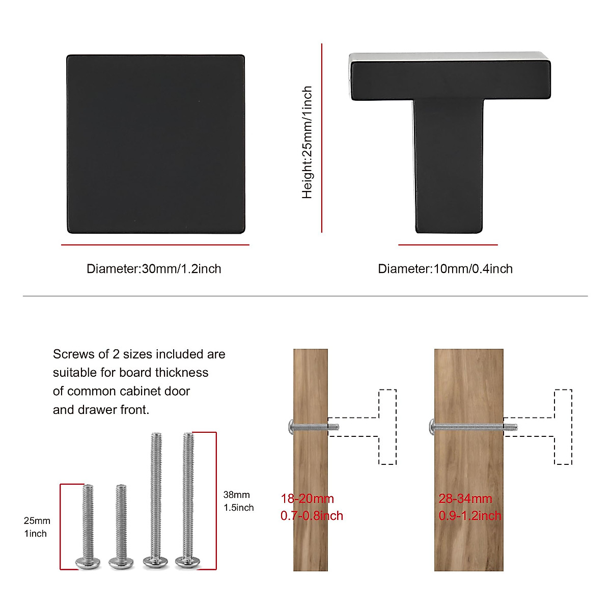 TUNNY 10 Pack Square Solid Cabinet Knobs - Matte Black Furniture Hardware Handles for Kitchen Cabinets Bedroom Dresser Wardrobe Cabinet Pulls