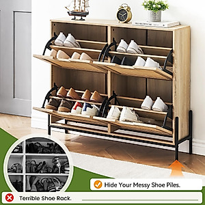 IDEALHOUSE Natural Rattan 4 Flip Door Shoe Cabinet Organizer Freestanding, Modern Shoe Rack Storage Organizer with 3-Tier Adjustable Shelves for Entryway, Closet, Hallway