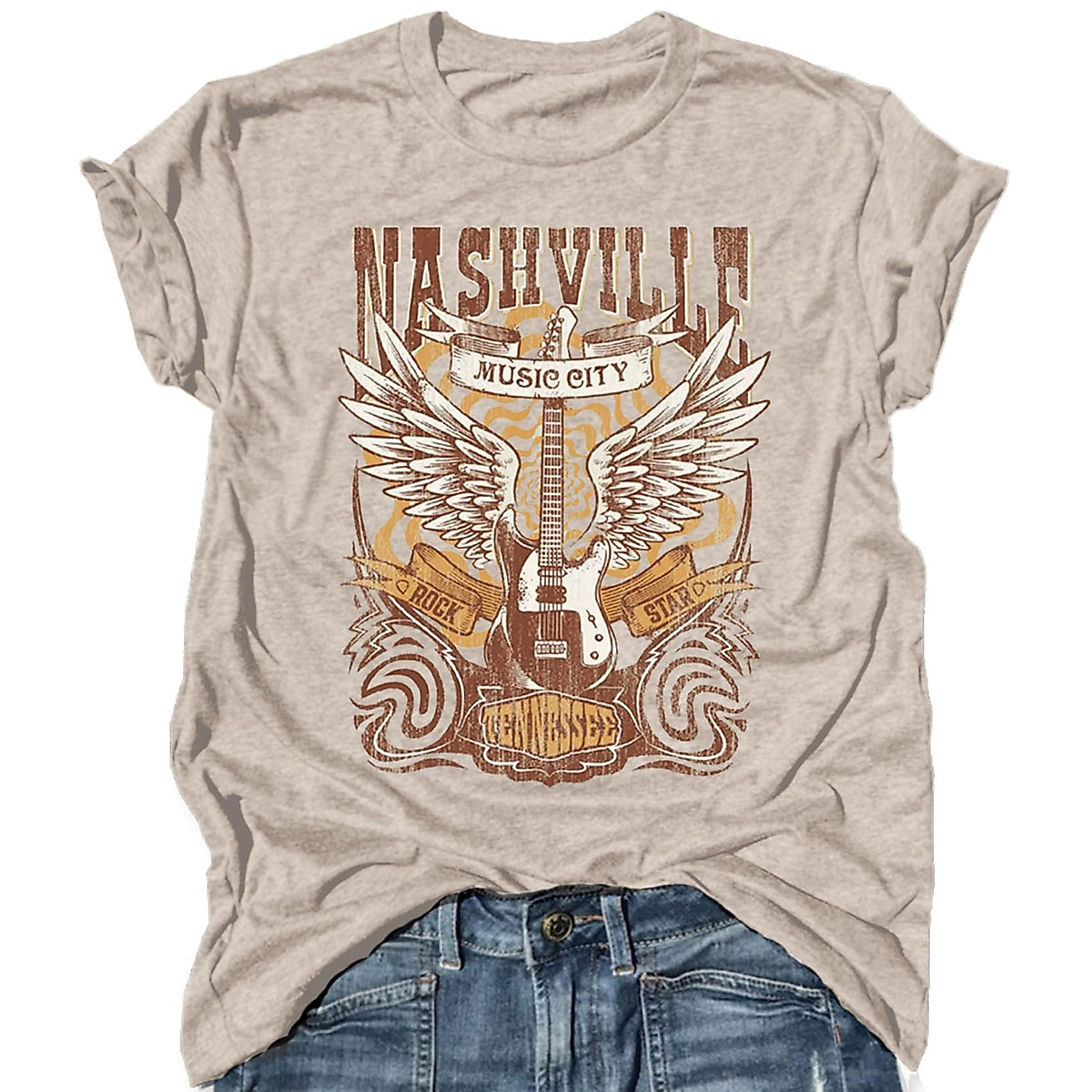 Nashville Graphic Tees for Women Vintage Concert Outfit Summer Retro Rock Band T Shirts Casual Short Sleeve Country Tops (M, Cream Grey)