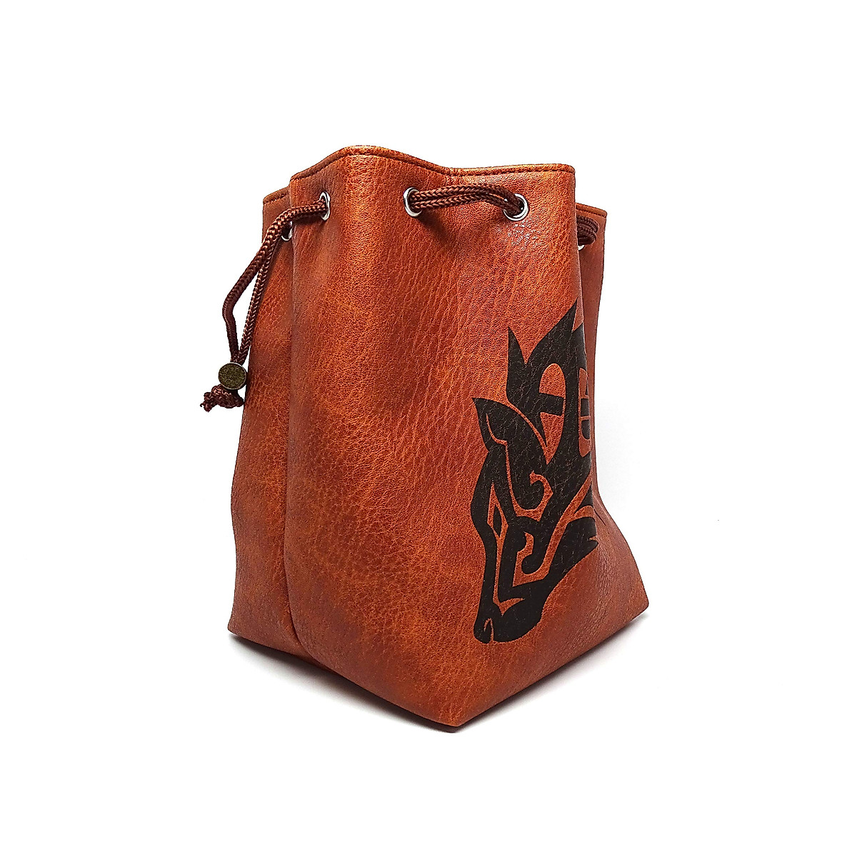 Brown Leather Lite Large Dice Bag with Wolf Design - Brown Faux Leather Exterior with Lined Interior - Stands Up on its Own and Holds 400 16mm Polyhedral Dice