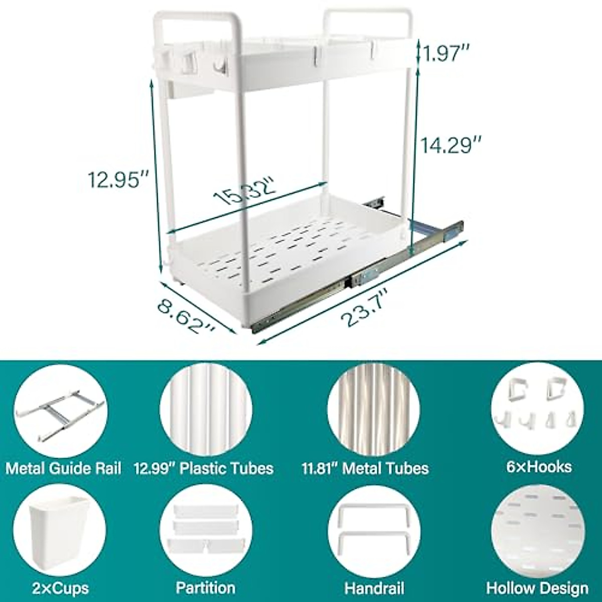 Keiasau Under Sink Organizer and Storage Shelf Pull Out Bathroom Undersink Cabinet Organization Rack with 2 Tier Drawer Baskets for Home Pantry Counter Vanity Countertop Organizing Containers White