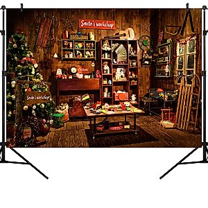 Christmas Santa's Workshop Photography Backdrop Vintage Rustic Wood House Cottage Gift Xmas Tree Decoration Background Kids Indoor Portrait Photo Studio Photobooth Props 7X5FT CEM251B