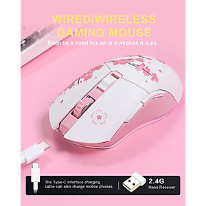 DAREU Sakura Pink Wireless Wired Gaming Mouse, Dual-Mode Rechargeable 7 Programmable Buttons,10K DPI,RGB and 7 Adjustable DPI Levels up to [150IPS] [1000Hz Polling Rate] for PC Notebook Mac