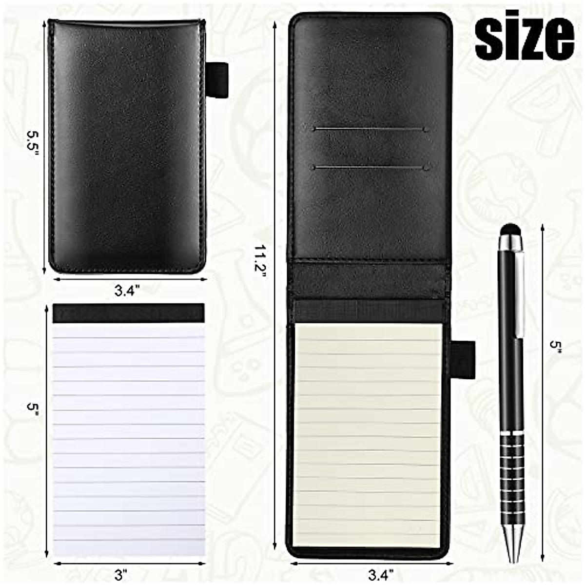 Outus 10 Pieces Mini Pocket Notepad Holder Set, Included Mini Pocket Notepad Holder with 50 Lined Sheets, Metal Pen and 8 Pieces 3 x 5 Inch Memo Book Refills, 30 Lined Paper Per Note Pad (Black)