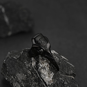 FaithHeart Mens Skull Rings Size 9 Black Stainless Steel Punk Viking Jewelry for Male Retro Celtic Knot Raven Biker Pinky Ring