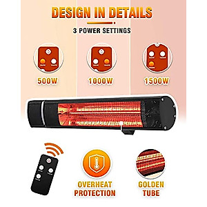 Electric Patio Heater, 1500W Outdoor Heater with 3 Power Settings, Infrared Heater with Remote Control, Overheat Protection, Wall Mounted Space Heater, In/Outdoor