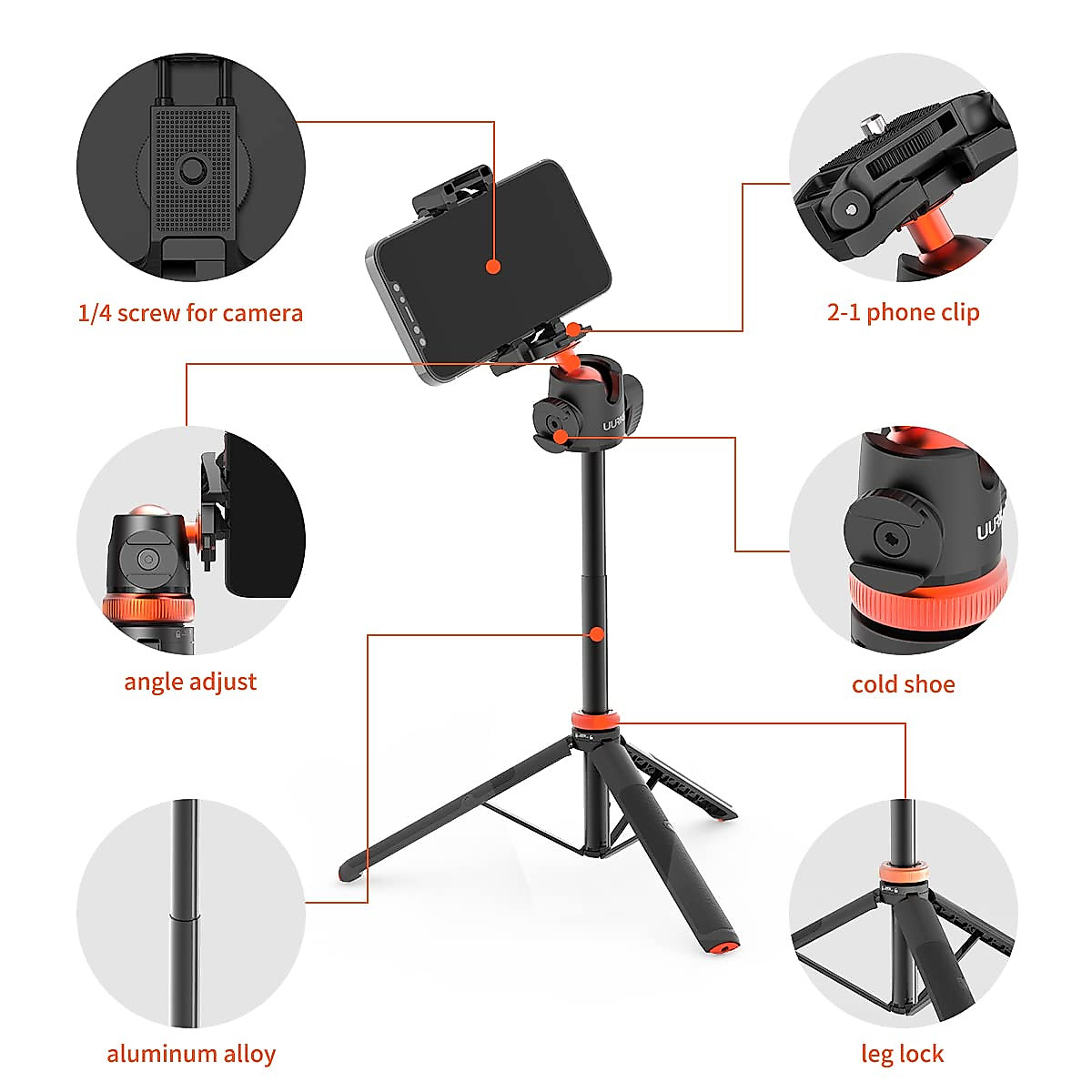 UURig Camera Tripod, 52 inch Extendable Phone Selfie Stick Camera Tripod Stand with 2 in 1 Phone Clip, 5 Levels Adjustment 360° Ball Head Loads Up for iPhone Sony Canon GoPro