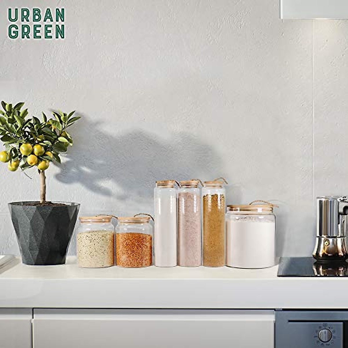 Urban Green Glass Jar with Bamboo Lid, Large Glass Food Storage Jar with Airtight Lid,1 gallon, Large Size Glass Food Storage Container, Flour Container, Kitchen Storage Jars for Candy, Cookie