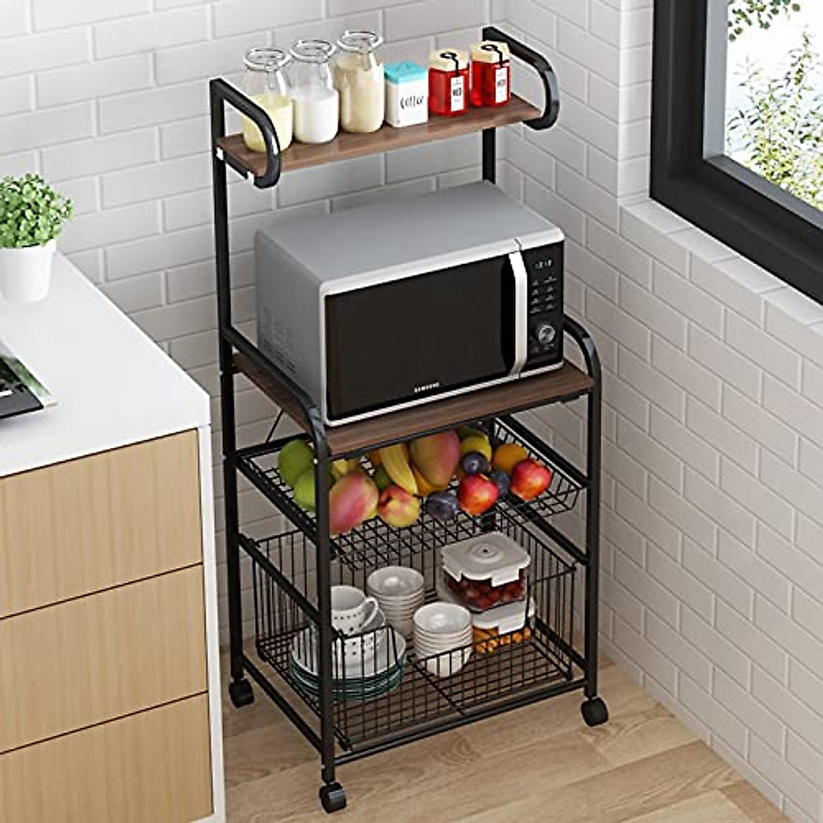 Gdrasuya10 Kitchen Baker's Rack Microwave Stand Cart on Wheels 4 Tier Shelves with Large Metal Baskets Utility Storage Shelf Rolling Cart Fruit Vegetable Kitchen Organizer Rack
