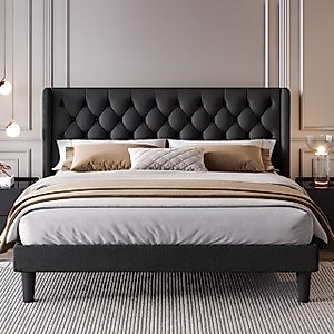 SHA CERLIN King Size Platform Bed Frame with Upholstered Headboard and Wingback, Button Tufted Design, Easy Assembly, Black