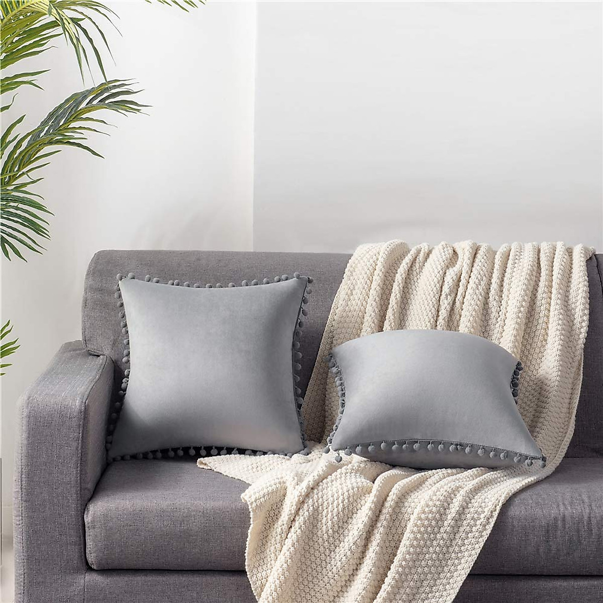 DEZENE Decorative Pillow Cases 18x18 Light-Grey: 2 Pack Cozy Soft Pom-poms Velvet Square Throw Pillow Covers for Farmhouse Home Decor