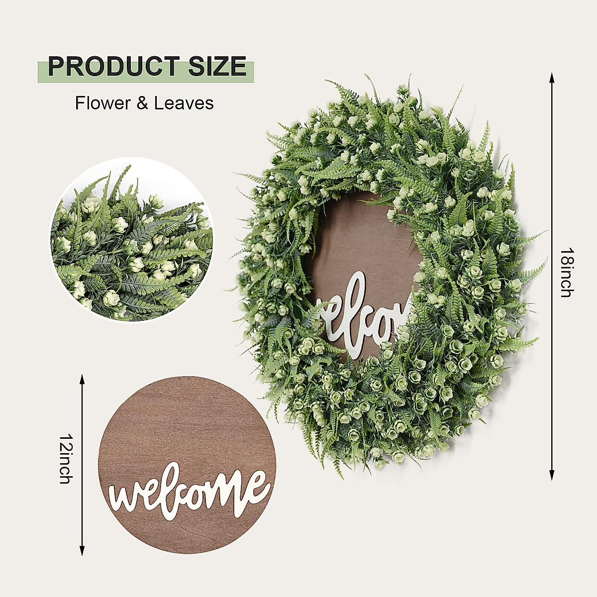 18'' Wreath for Front Door Artificial Spring Wreath for Wall with Green Leaves Porch Farmhouse Patio Garden Festival Celebration Window Party Decor Home Décor