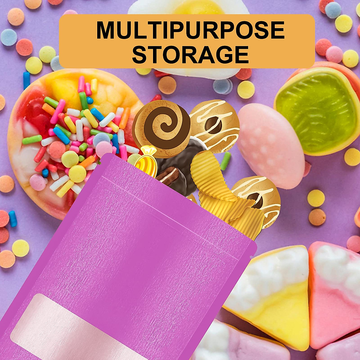 WObell 50pcs Kraft Ziplock Pouches,4.7x7.9 Inch Resealable Stand up Bags with Window, Reusable Ziplock Food Storage Pouches,Heat Sealable Bags Purple