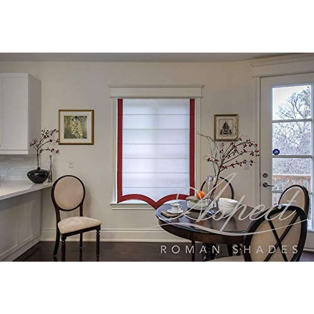 LOGANOVA Flat Roman Shade Chevalle Brick. White base, luxuriant red border on three sides, scalloped bottom and chain mechanism. Custom made.