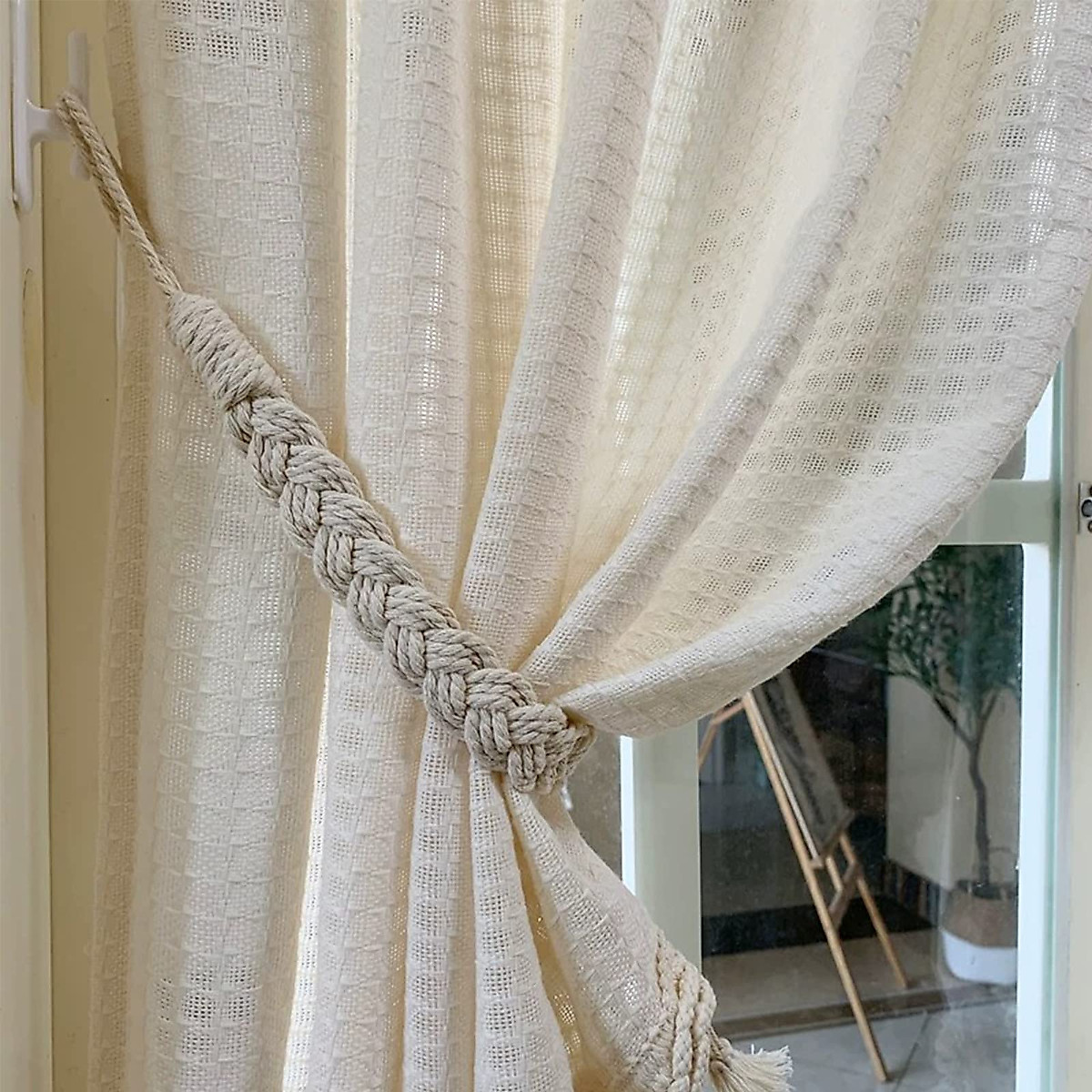 Set of 4 Woven Curtain Ties Beige Strong Magnetic Curtain Tiebacks Rope Decorative Curtain Tie Backs Magnetic Curtain Holders for Drapes Window Treatment Holdbacks