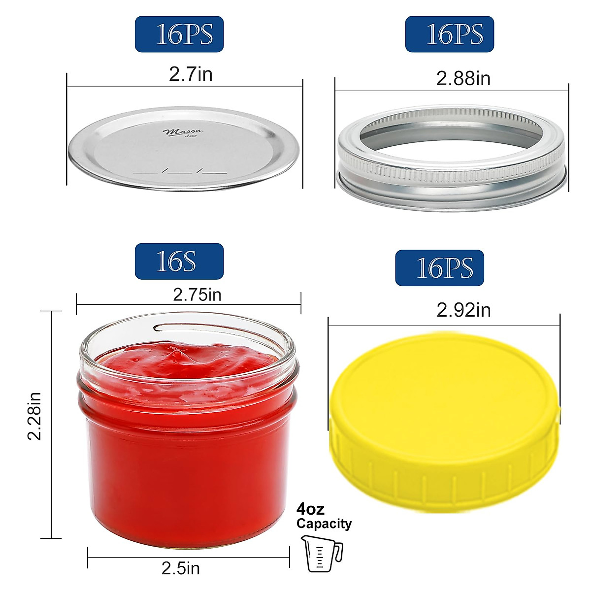 4 oz Glass Bottle with Lid, Mason Jars, Home Storage, Kitchen Storage, Condiments, Sauces, DIY Spice Bottle, Gift Giving,Pack of 16