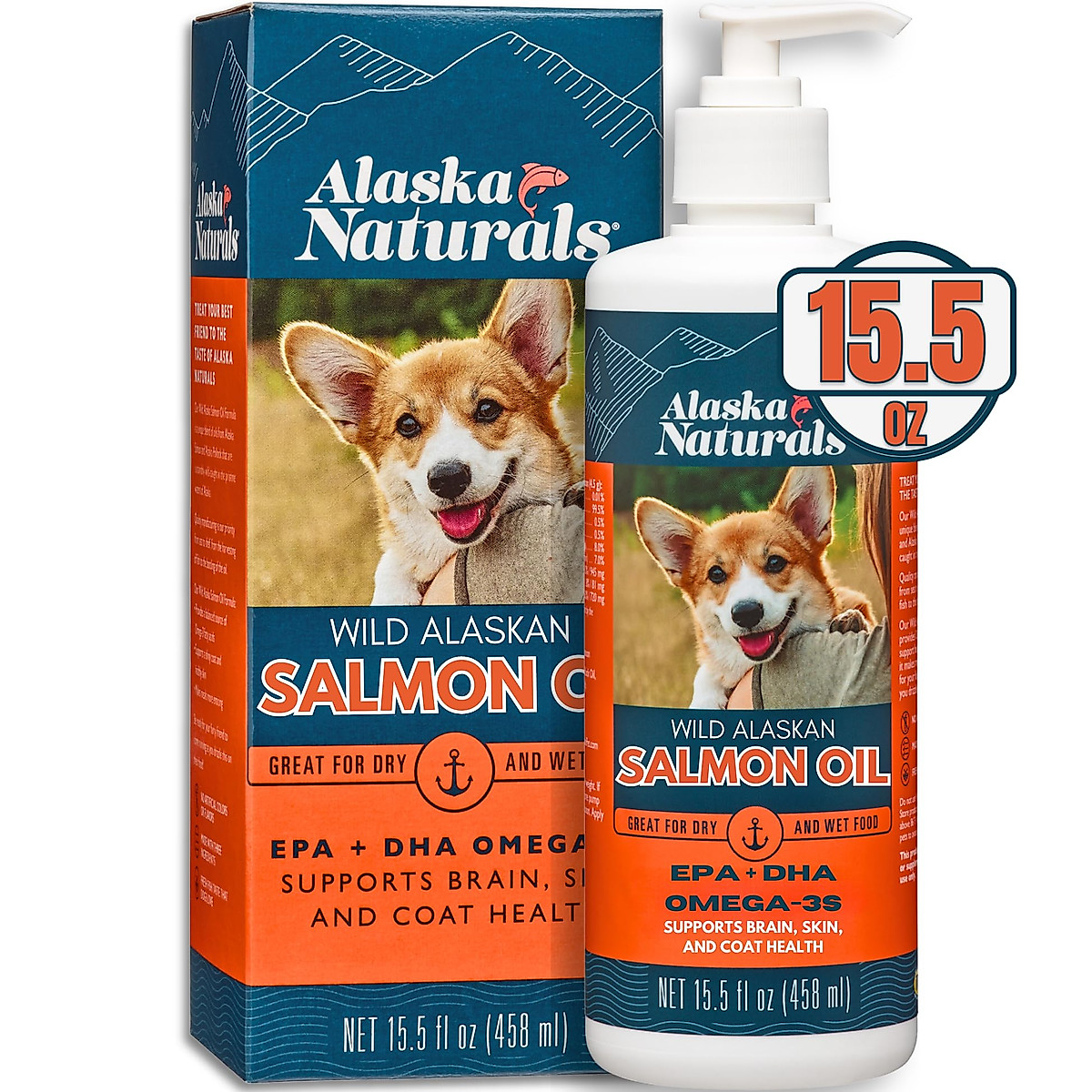 Alaska Naturals Wild Alaskan Salmon Fish Oil for Dogs Skin and Coat – EPA + DHA Omega 3 Oil - Fatty Acids Dog Supplements - Fur Coat and Brain Health - Natural Liquid Food Topper – 15.5 oz. Pump