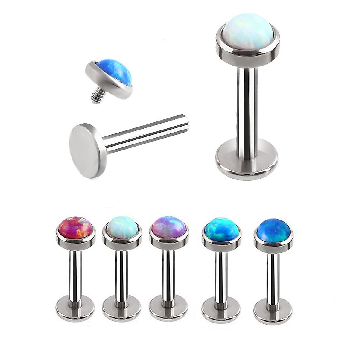 Piercingpops 5PCS 16G Fire Opal Labret Piercing Stainless Steel Tragus Helix Lip Monroe Body Piercing Stud (4mm Opal / 8mm Bar Length)