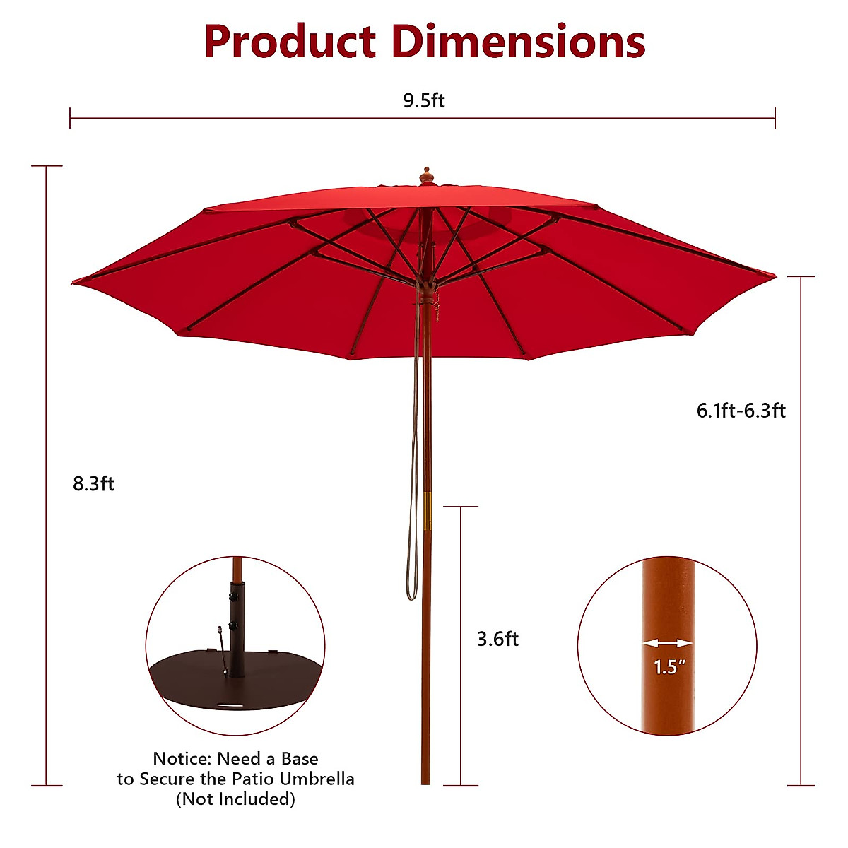 Tangkula 9.5 FT Red Wooden Pulley Umbrella with 8 Fiberglass Ribs, Rope Pulley Mechanism, and Vented Canopy for Patio, Deck, Poolside, Garden, Lawn, Terrace