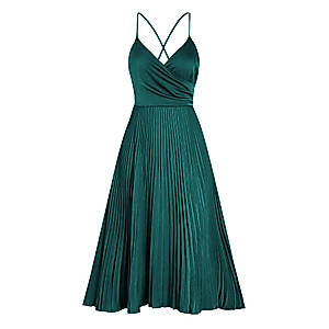 ZAFUL Womens Satin Sexy Backless Wrap V Neck Sleeveless Spaghetti Strap Pleated Flowy Party Midi Dress