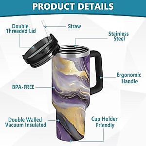 SEHANY Purple Marble 40 Oz Tumbler with Lid and Straw, Double Vacuum Stainless Steel Insulated Sports Water Bottle Cup Holder Friendly Leak-Proof Travel Coffee Cup for Iced Drink