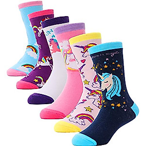 ANTSANG Children Cotton Crew Socks for Girl Boy Kids Toddler Gift Fashion Cute Cartoon Animal Stocking Stuffer Unicorn Socks 6 Pack (Unicorn-I, 5-8 Years Old)