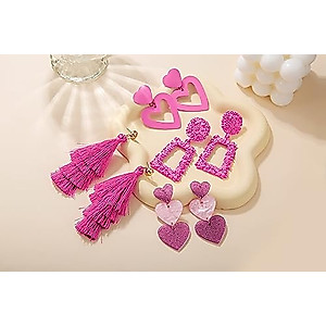 LINONKEY 4 Pcs Barbie Pink Heart Earrings Set Hot Pink Earrings for Women Lover Earrings Pink Heart Dangle Earrings Tassel Earrings for Women Lightweight Barbie Earrings for Women (4 pcs)