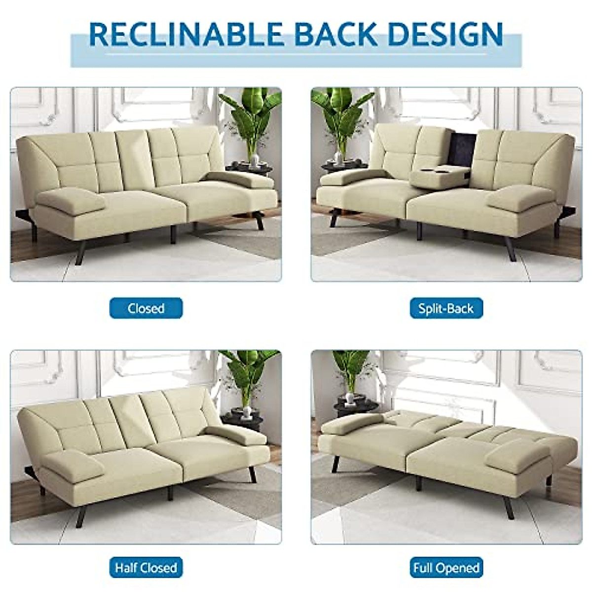 LIFERECORD Futon Sofa Bed Modern Linen Fabric Convertible Folding Lounge Couch Daybed for Living Room with 2 Cup Holders, Removable Soft Armrest and Sturdy Metal Leg, Khaki