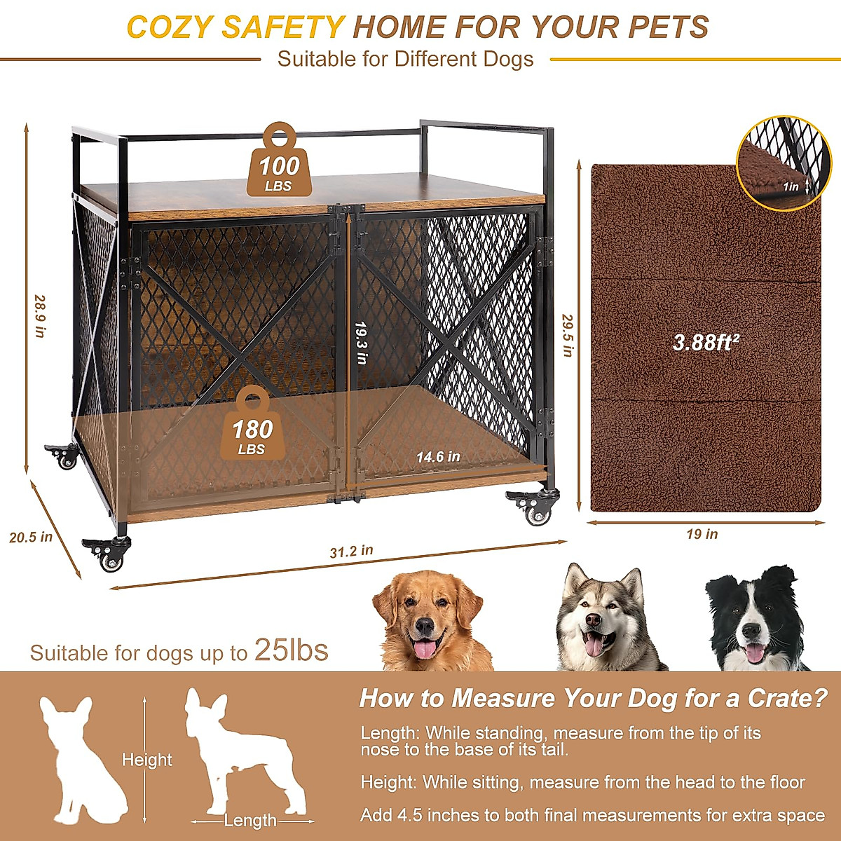 Ketive Dog Crate Furniture with Cushion, 31"L Wooden Dog Crate End Table with Double Doors, Chew-Resistant Dog Kennel Indoor, Heavy Duty Dog Crate with Wheels, Rustic Brown (31.2"L x 20.5"W x 28.9"H)