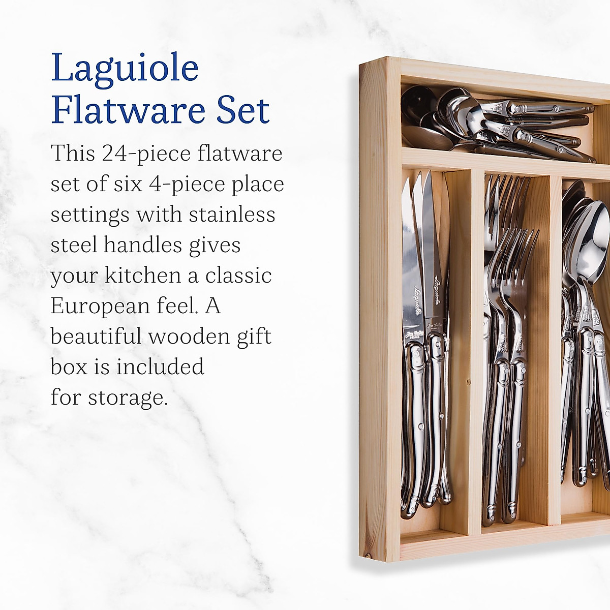 Jean Dubost Laguiole 24-Piece Everyday Flatware Set, Stainless Steel Handles - Rust-Resistant Stainless Steel - Includes Wooden Tray - Made in France