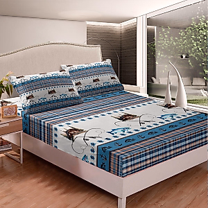 jejeloiu Fish Sheets with Deep Pocket Fitted Sheet Fish Hook Fishing Theme Sheet Set for Boys Girls Children Sea Animal Buffalo Check Blue Bed Sheets Set Room Decor Full Size with 2 Pillow Case