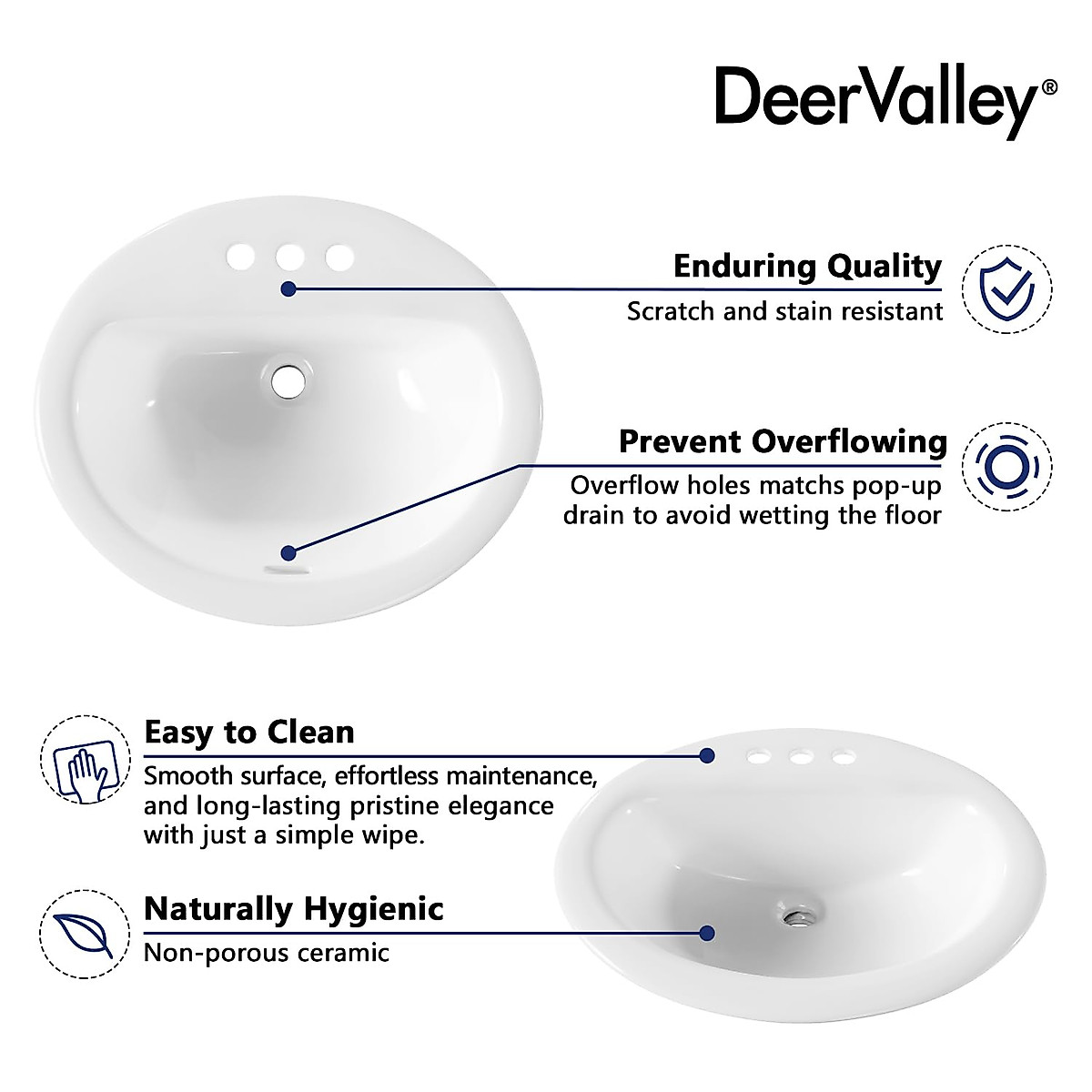 Bathroom Vessel Sink, DeerValley, 20”x17” Oval Ceramic Drop-in Sink for Bathroom White Vessel Sink Modern Art Basin Bathroom Sink with Overflow and Three Faucet Holes at 1.25”, DV-1DS0120