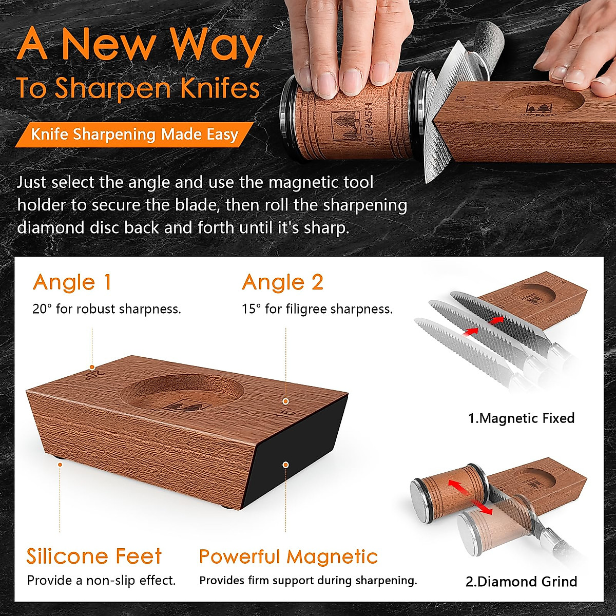 JUCPASH Rolling Knife Sharpener Kit for Straight Edge - Knife Sharpening with Leather Strop, Diamonds Discs and 15 & 20 Degree Magnetic Angles, Roller Knife Sharpener System for Kitchen Knives